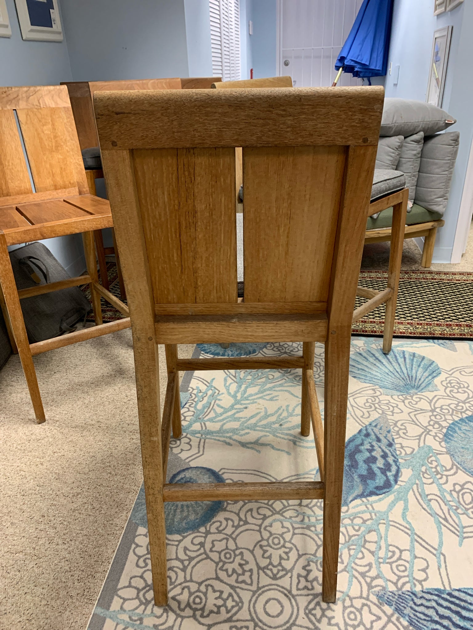 PAIR OUTDOOR WOOD BARSTOOLS GRAY CUSHIONS – Consign & Design