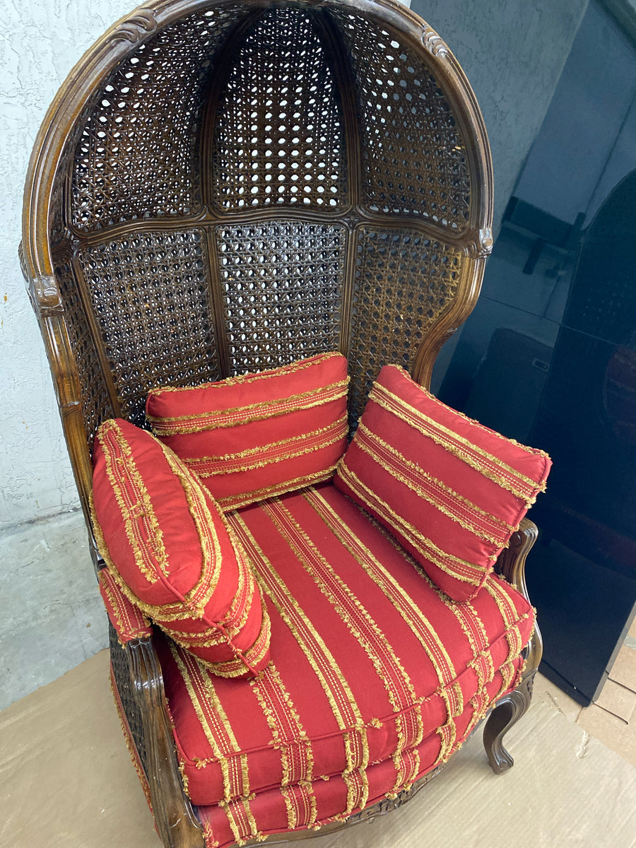 BALLOON CHAIR CANE WITH DARK WOOD FRAME RED FABRIC CUSHION – Consign ...