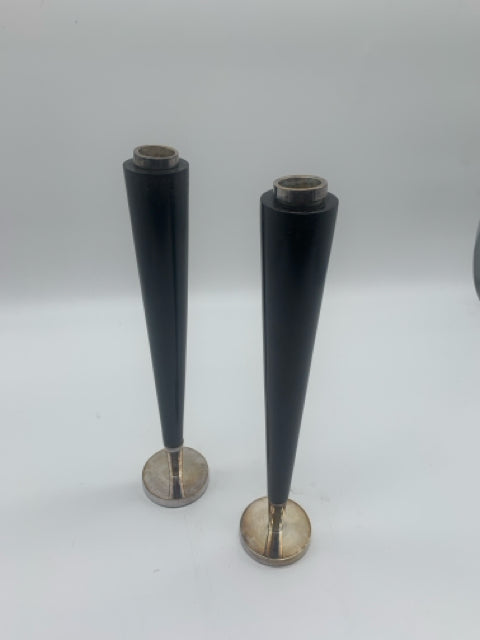CANDLESTICKS PAIR TRUMPET TAPER HOLDER BLACK AND SILVER VINTAGE ...