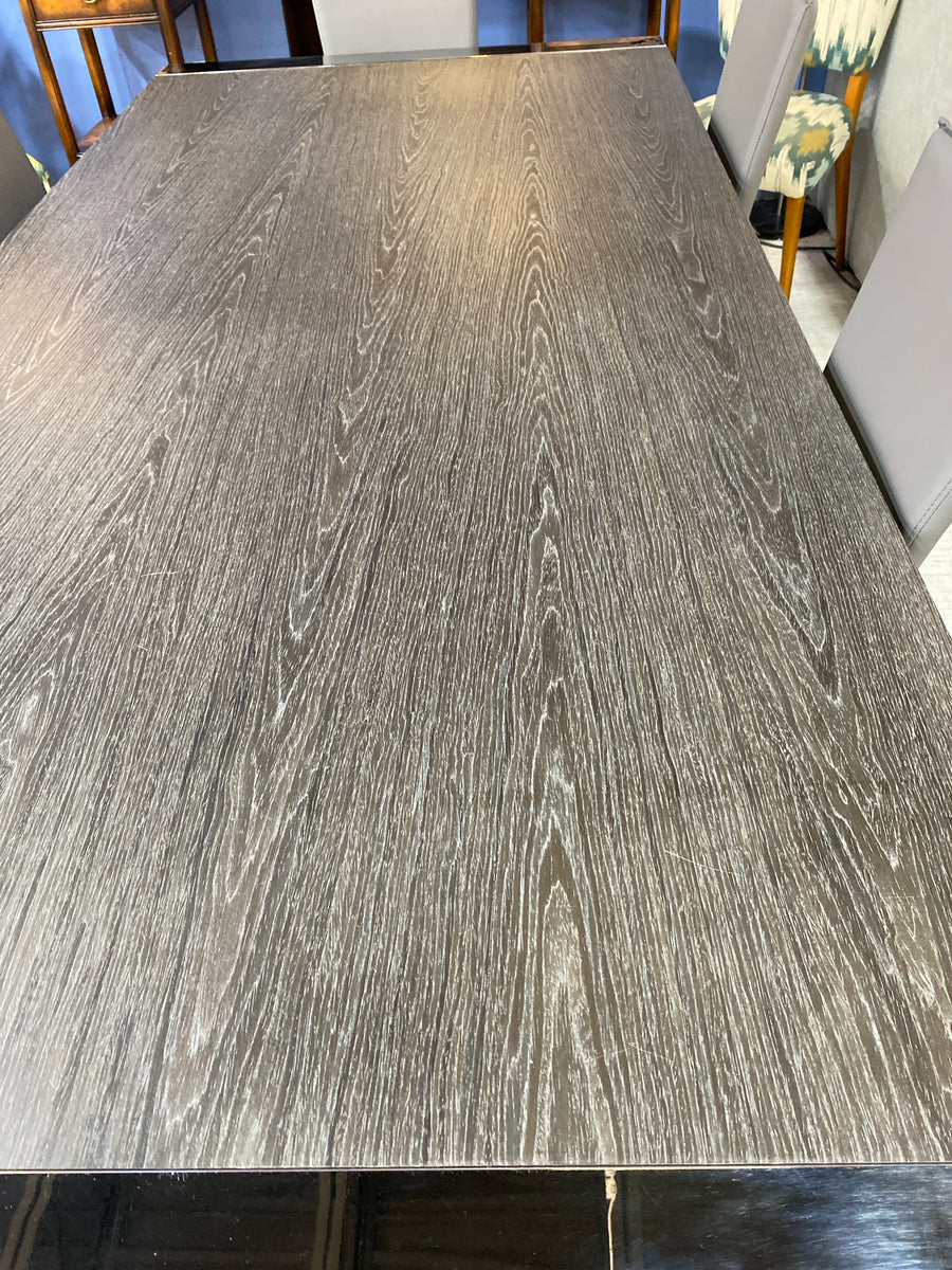 DINING TABLE DARK WOOD GRAIN WITH CHROME BASE AND 6 GREY CHAIR ...