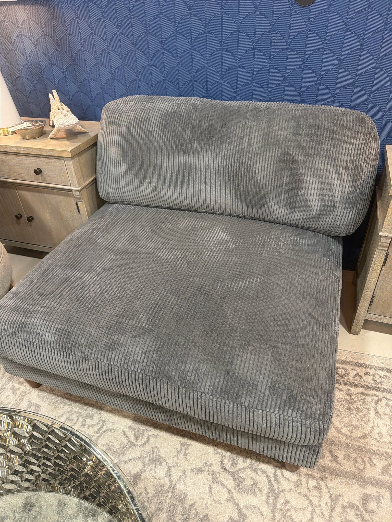 ARMLESS CHAIR GRAY CORDUROY WITH WOOD LEGS – Consign & Design